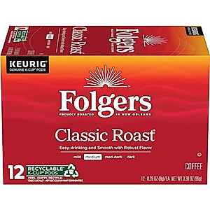 Folgers Classic Roast Medium Roast Coffee, 12 Keurig K-Cup Pods