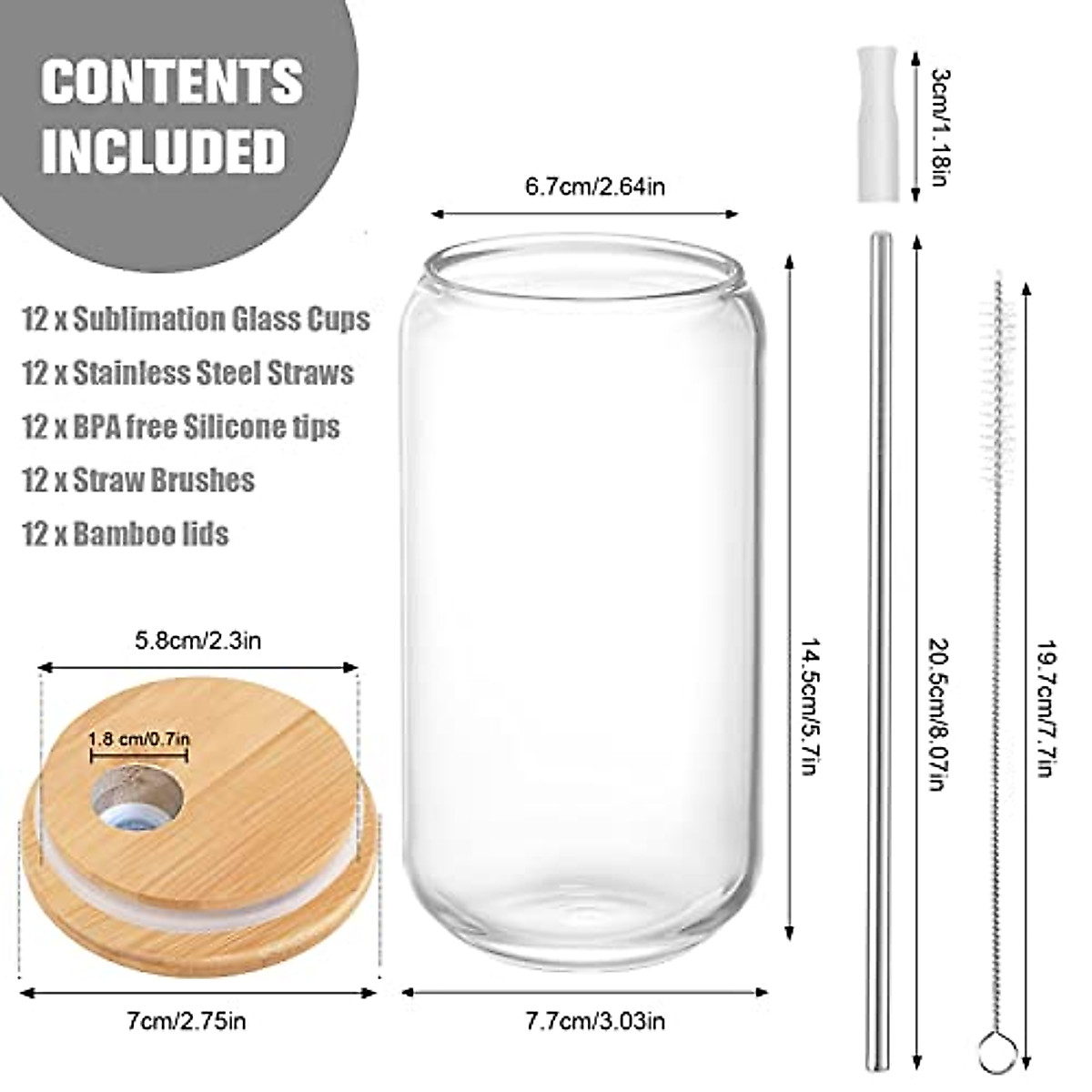 WindMage 12 packs 16 oz Clear Sublimation Glass Cans Blanks with Bamboo Lid, Stainless Straw, Brush, Silicone Tip, Reusable Drinking Beer Cans Iced Coffee Glasses Jar Tumbler Cups