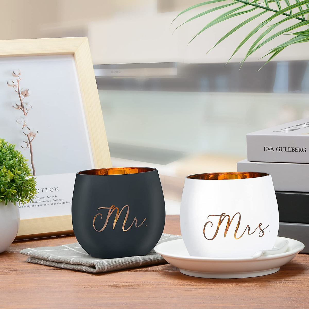 dehong Mr & Mrs Stemless Wine Glasses - Set of 2 - Wedding Gifts for Bride & Groom ,His & Hers - Engagement Gifts for Couples Newly Engaged Unique Bridal Shower Gift (A), black, white, gold