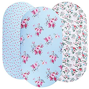 Floral Bassinet Sheet Set 3 Pack Jersey Knit Ultra Soft Stretchy Compatible with Halo,Graco,Dream On Me,MiClassic,Chicco Lullago,Delta,4Moms,Mika Micky Mattress and More for Baby Girl Boy Blue