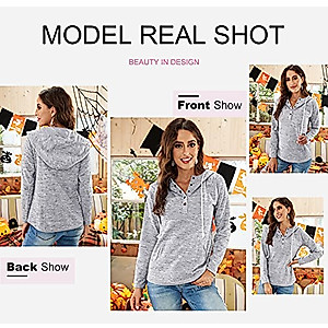 Dokotoo Womens Ladies Winter Fall Button Collar Solid Color Long Sleeve Knit Drawstring Hooded Tunic Sweatshirts Hoodies for Women Pullover Casual Fashion T-Shirts Tops with Kangaroo Pockets Grey L