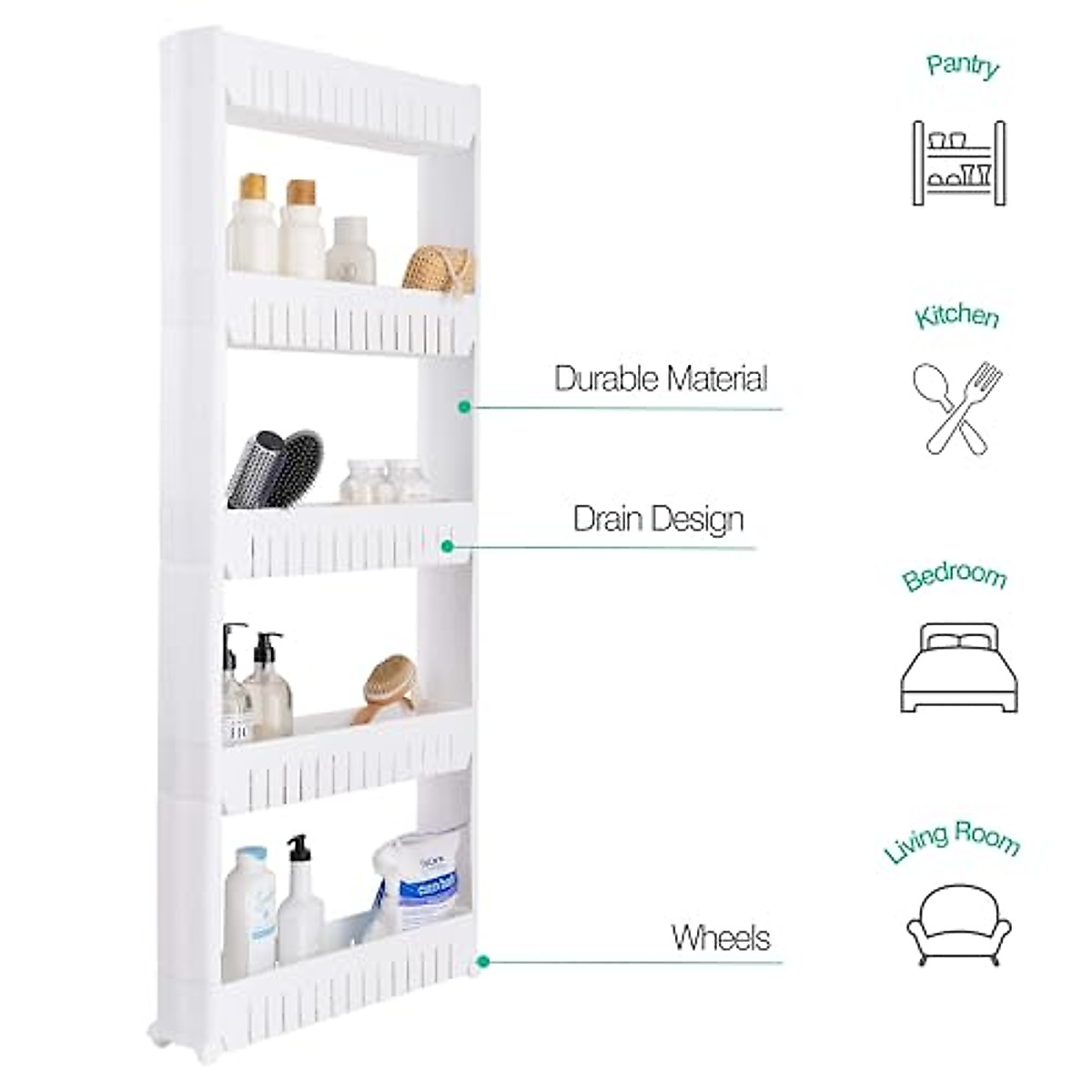 Simplify Slim Slide Out Storage Cart | Dimensions: 21"x 5"x 40.2" | 5 Tier | Ideal for Storage in Tight Spaces | Great for Kitchens | Bathrooms | Laundry Rooms | Home Organization | White