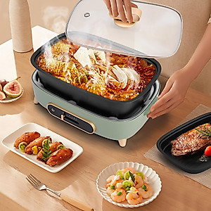 SUSTEAS 2 in 1 Electric HotPot with Removable Grill Pan, Non-Stick Skillet & 4L Shabu Shabu Pot,1200W with Slide Power Control for Frying,Grilling,Outdoor Camping BBQ, Family & Friend Gathering Party