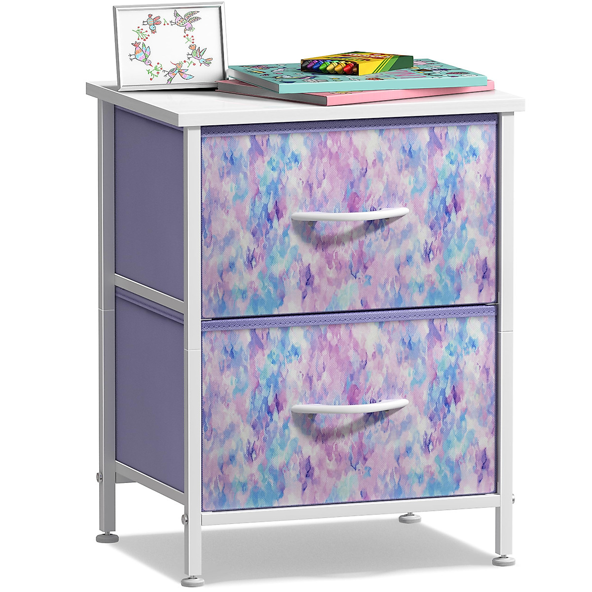 Sorbus Nightstand with 2 Drawers - Kids Bedside Furniture End Table Night Stand - Steel Frame, Wood Top & Easy Pull Fabric Bins - Dresser & Chest for Home, Bedroom Accessories, Office & College Dorm