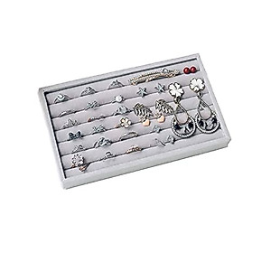 7 Slots Luxury Ring Display Case Jewelry Tray Organizer 8.26 x 5.11 inch / 21x13cm Stackable Storage Case Box Coated with Grey Velvet Rings Holder Protection