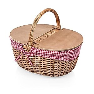 PICNIC TIME - Country Vintage Picnic Basket with Lid - Wicker Picnic Basket for 2, (Red & White Gingham Pattern)