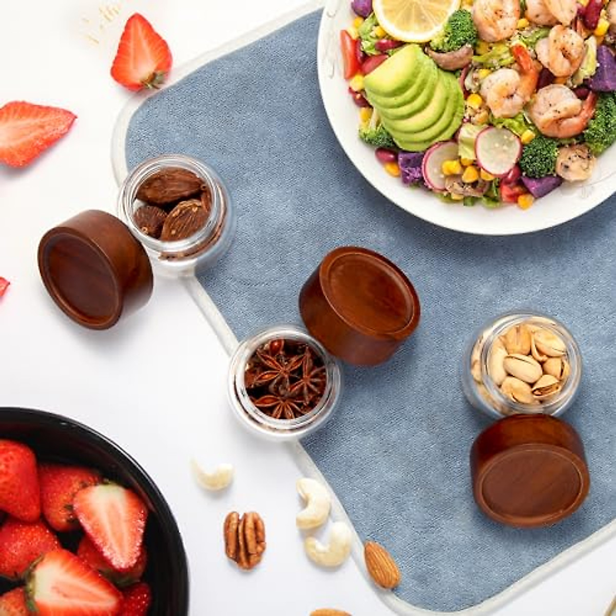 DOPHCOZFFY Salad Dressing Container To Go, 4.2 oz Glass Small Condiment with Lids, Dipping Sauce Cups Set, Leakproof Reusable for Lunch Box Work Trip (Bamboo and wood glass jar 4PCS)