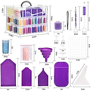 QUEFE 3-Tier Diamond Painting Storage Container, 100 Slots Clear Stackable Bead Organzier with Diamond Painting Accessories and Tools for DIY Diamond Art Craft Jewelry Bead Storage