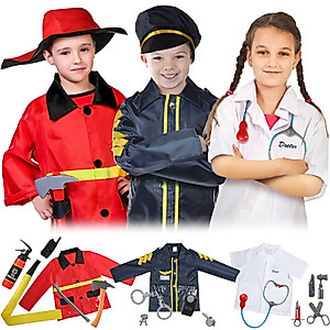 3 Sets Kids Dress up Pretend Play Costumes for Kids Age 3-7, Role Play Fireman Police Doctor Dress up Clothes for Boys Girls Toddler Role Accessories