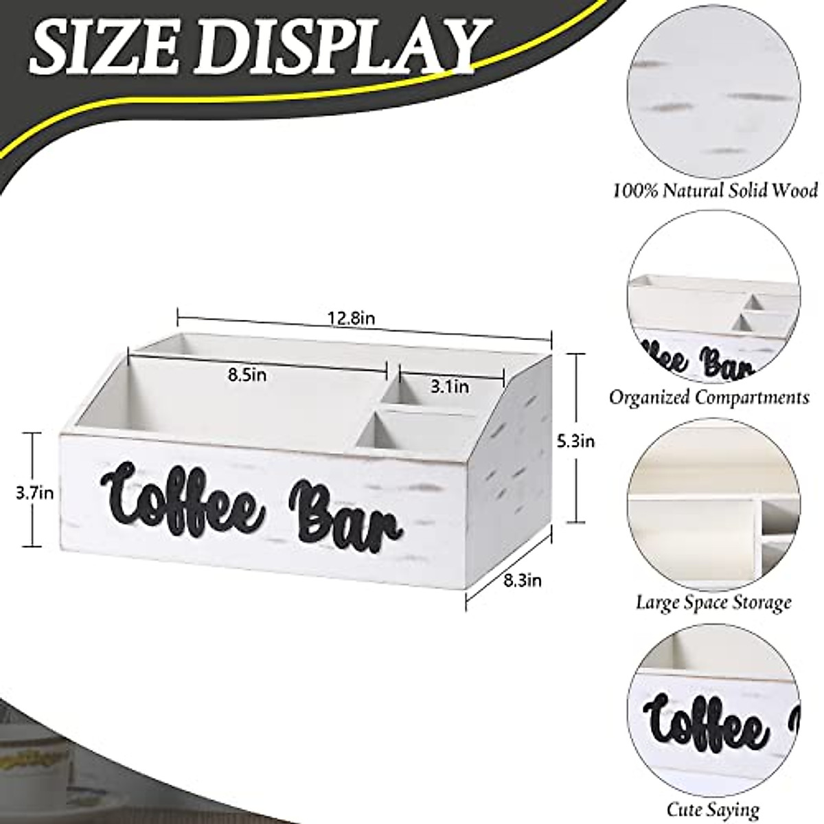 Wooden Coffee Bar Bin Box with Coffee Bar Letter Decor, Coffee Pod Holder Storage Gift Basket, Coffee Station Wooden Holder Nice for Farmhouse Kitchen Decor, Counter, Coffee Lover (White)