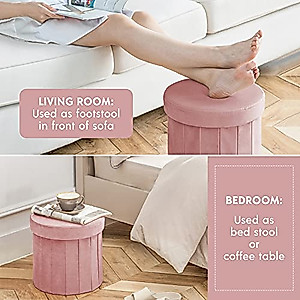 Phantoscope Storage Ottoman Round15 Inch, Velvet Folding Storage Boxes Footrest Stool Toy Box, Padded Seat for Dorm Living Room Bedroom, Support 220lbs Pink