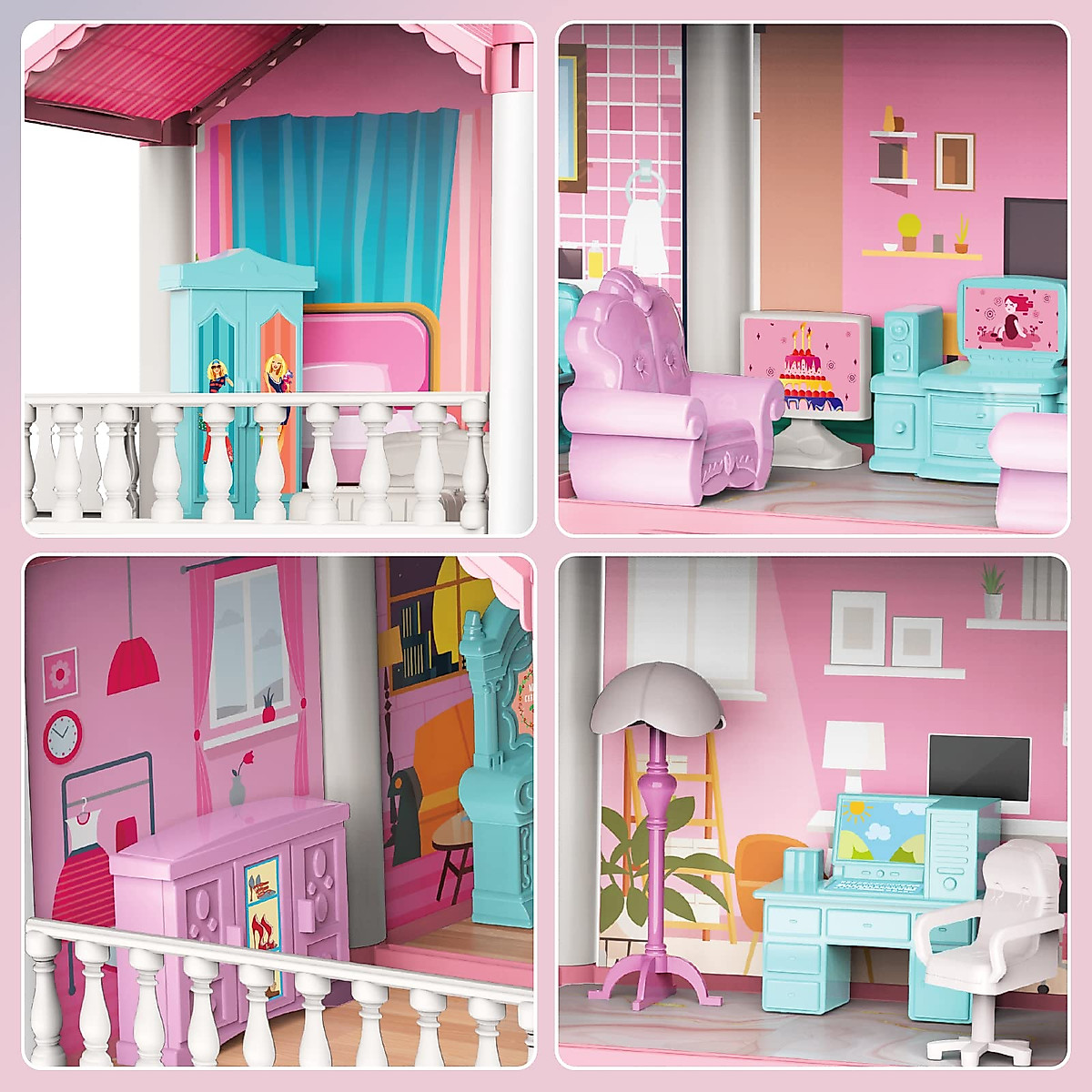 deAO Doll House Dollhouse - 3 Story 9 Rooms Pink DIY Pretend Play Building Playset, Dollhouse Asseccories and Furniture,Gift for 6 7 8 9 Girls Toddler