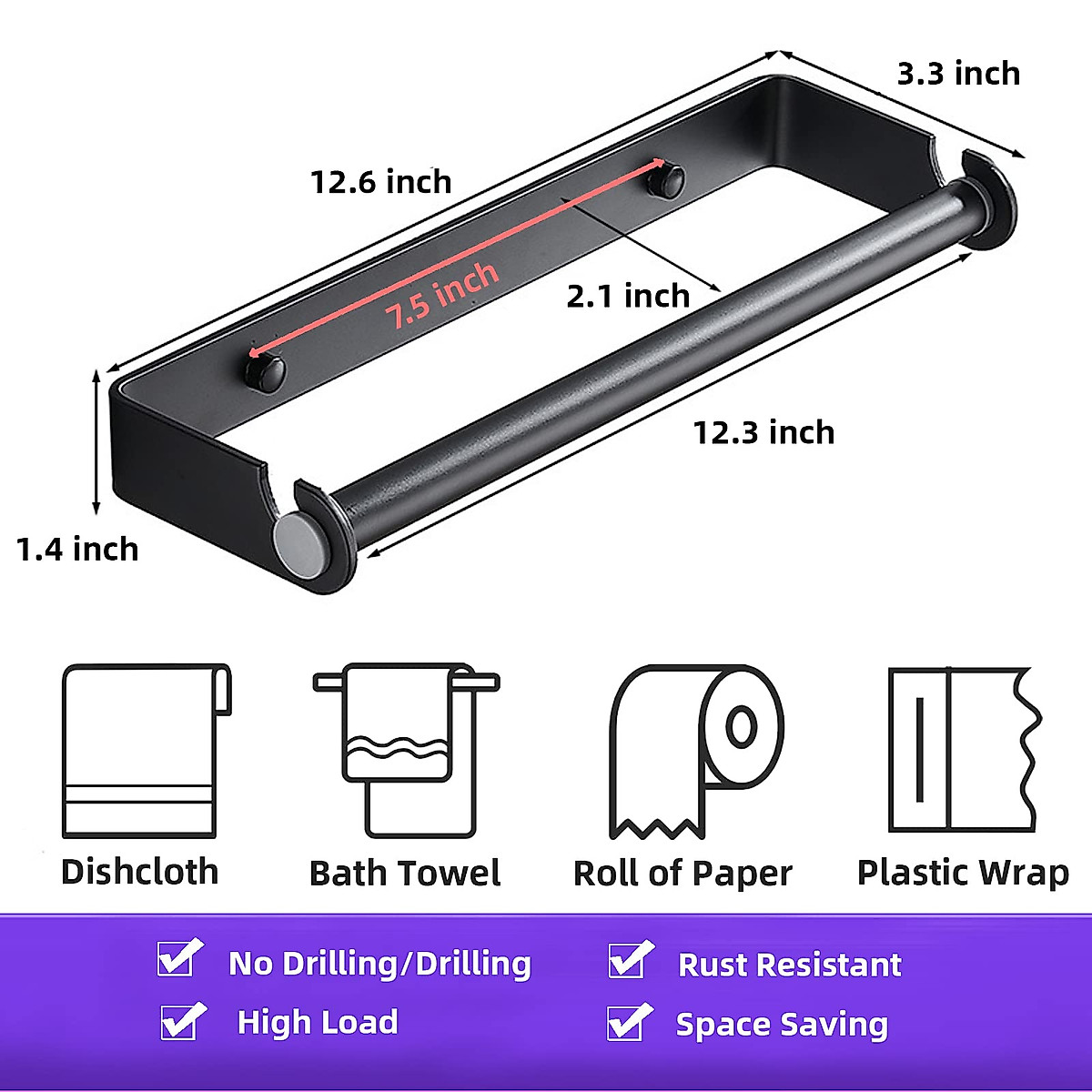 Paper Towel Holder Under Cabinet - Matte Black Paper Holder for Kitchen Easy Installation No Drilling Aluminium Wall Mount Paper Towel Holder for Pantry Sink Bathroom with 3 Adhesive Hooks, Easy Tear