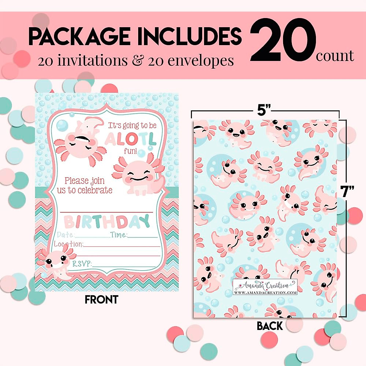 Amanda Creation Axolotl Birthday Party Invitations, 20 5x7 Fill-In Cards with Twenty White Envelopes