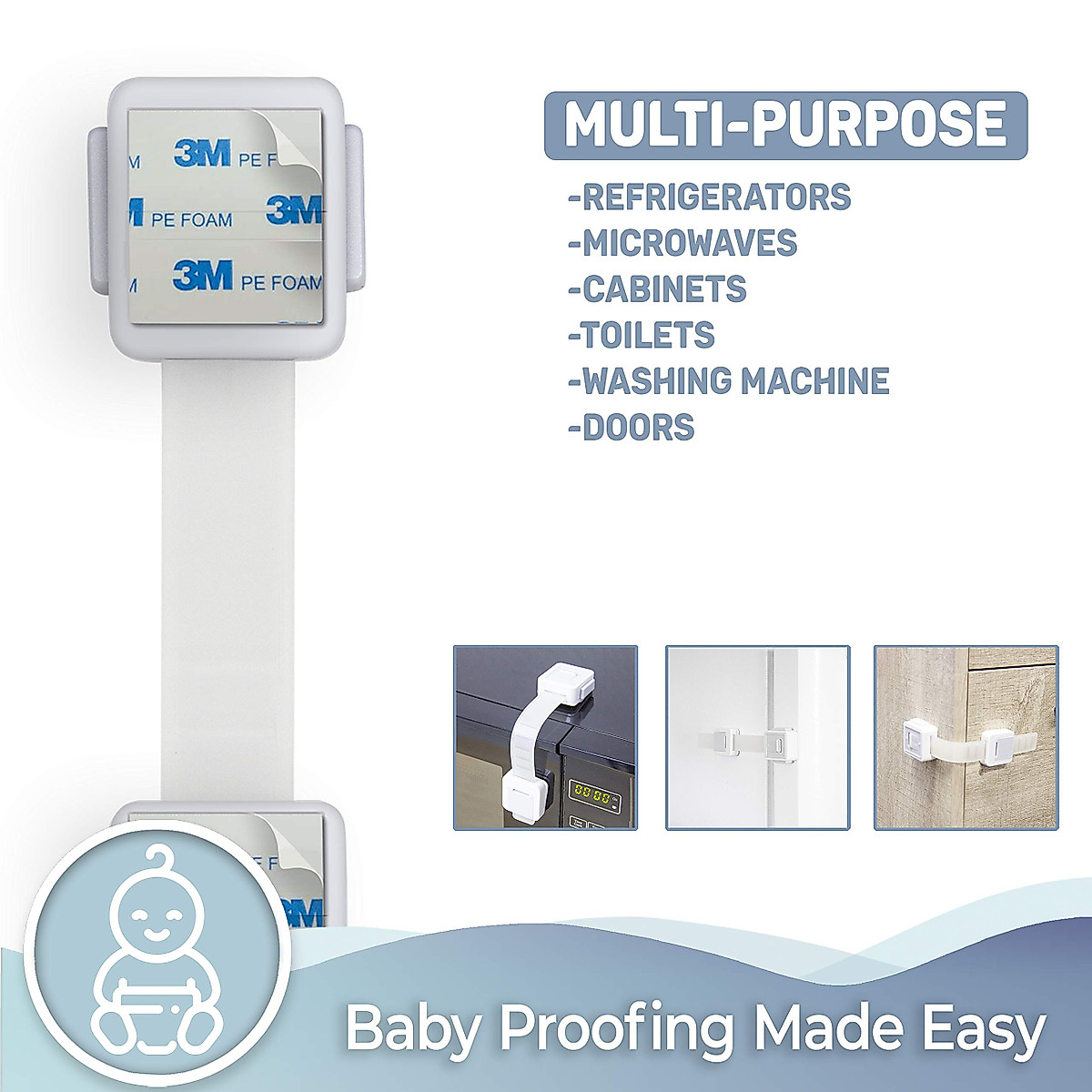 Budding Sprout Durable Strong Safety Strap Lock 6-Set for Baby Safety - for Cabinet, Drawer, Fridge, Toilet, and Furniture - 3M Adhesive Easy Install No Tools Needed