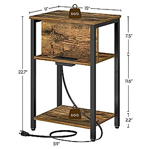 YATINEY Nightstands Set of 2, End Tables with Charging Station and Type C, Side Table with Open Storage Shelf, Bedside Table for Small Spaces, Rustic Brown and Black ET58L2BR