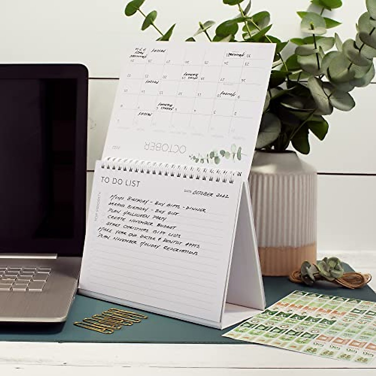 Aesthetic Small Desk Calendar 2023 with Stickers - Runs From October 2022 until June 2024 - Beautiful Greenery 6" x 8" Flip Desktop Calendar for Easy and Effective Organizing