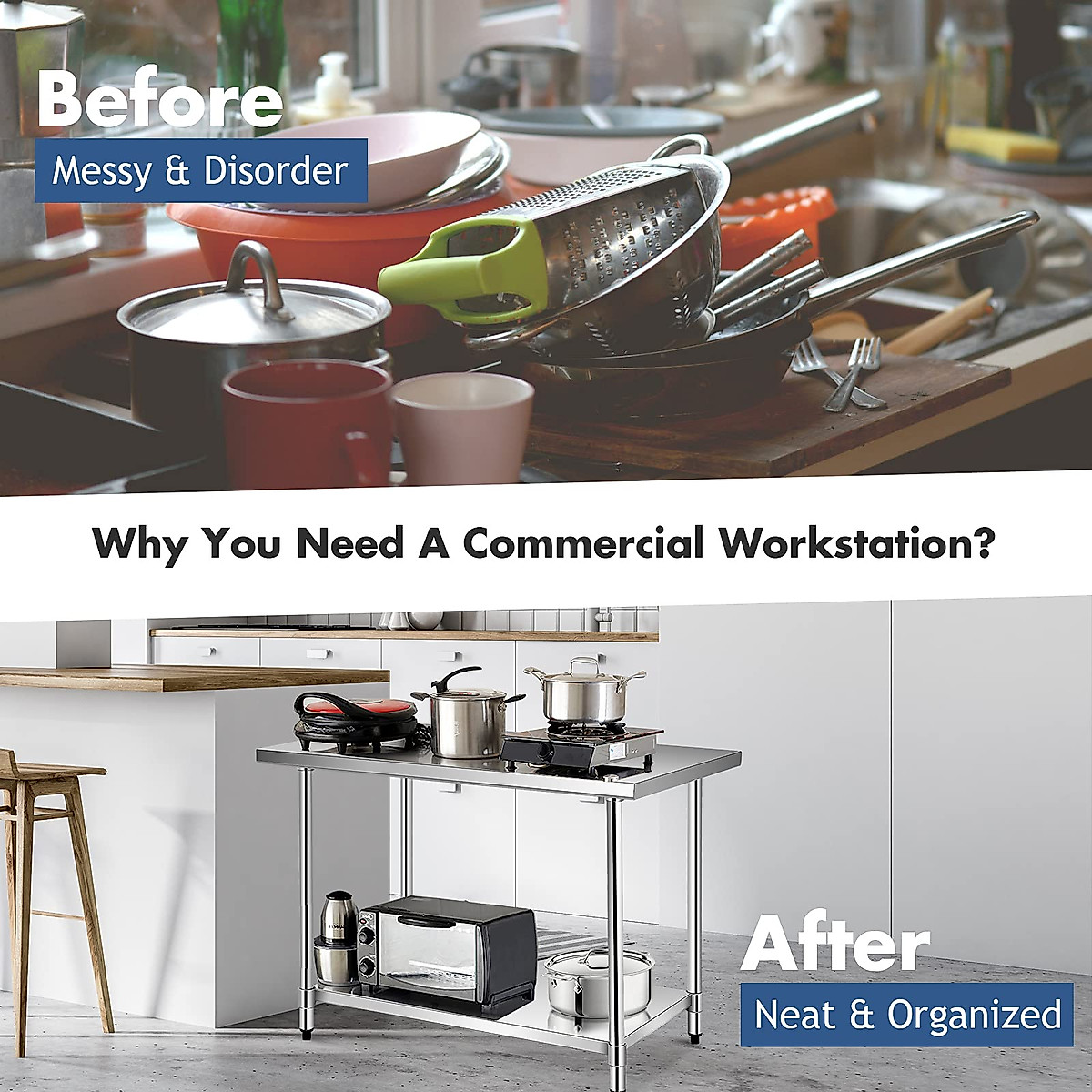 WATERJOY 48" x 30" Stainless Steel Table with Adjustable Shelf for Prep & Workstations Commercial Heavy Duty worktables