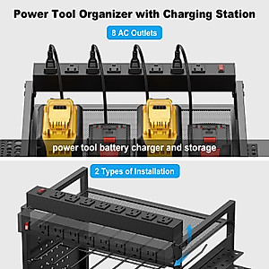 JUNNUJ Power Tool Organizer Floor Stand with Charging Station, Garage Adjustable Storage Rack Utility Tool Shelf with 8 Outlet Power Strip, Heavy Duty Drill and Battery Holder, Black