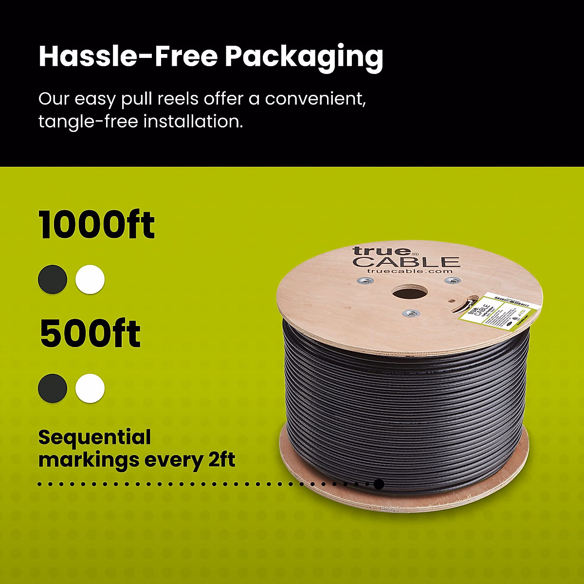 trueCABLE Cat5e Outdoor, Unshielded UTP, 1000ft, UV Resistant, CMX Rated, Black, 24AWG Solid Bare Copper, 350MHz, PoE++ (4PPoE), ETL Listed, Bulk Ethernet Cable