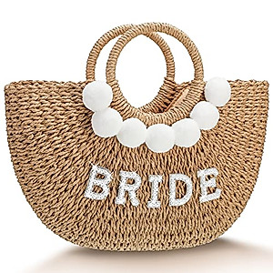 Pinkunn Bride Beach Bag Handwoven Straw Rhinestone Pearl Letters Handle Purse Bachelorette Wedding Honeymoon Essentials (BRIDE, Pearl Letter)