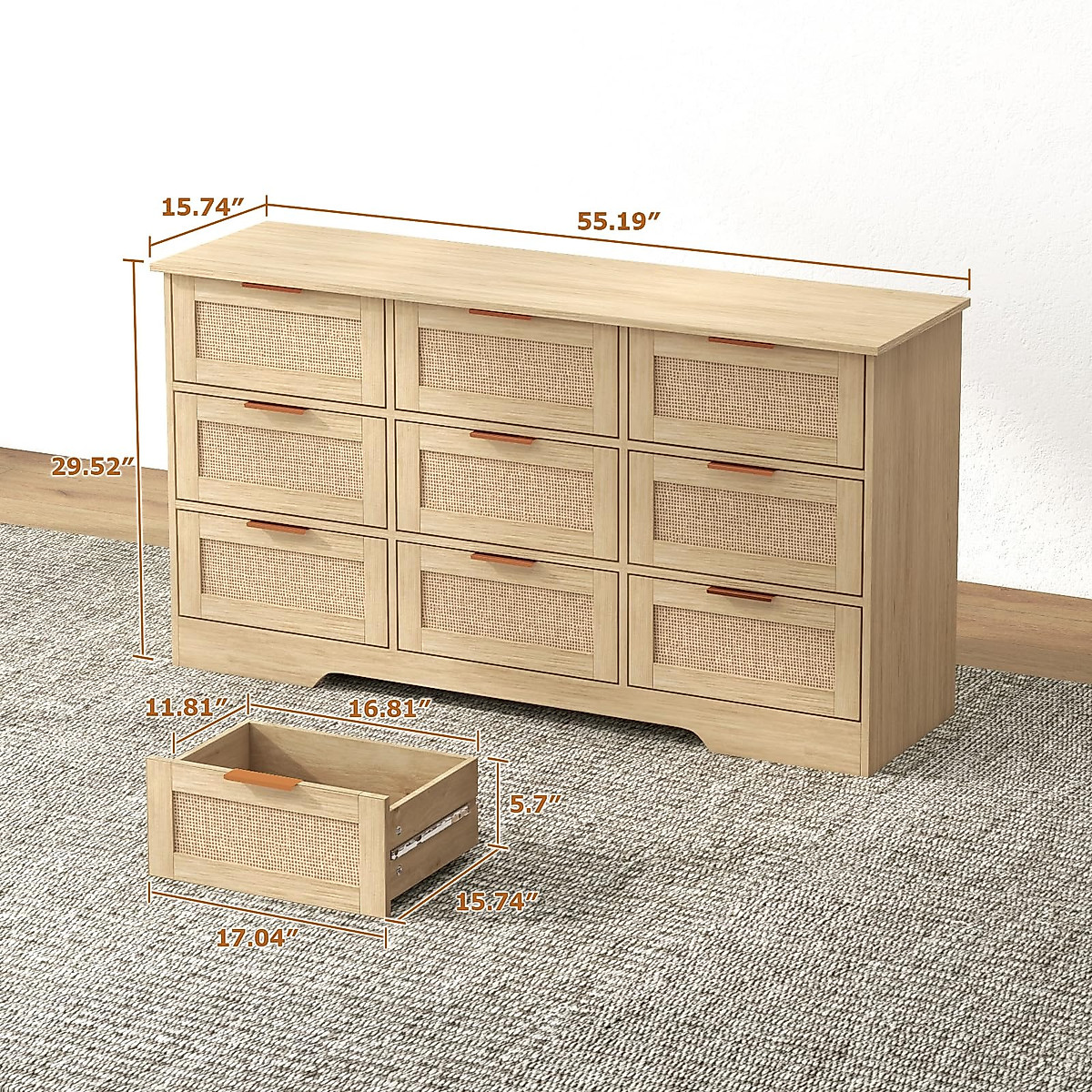 LTMEUTY 9 Drawer Dresser for Bedroom, Rattan Chest of Drawers, Modern Wood Dresser Chest with Golden Handles, 55” Wide Large Storage Long Dressers Organizer for Closet, Entryway, Living Room