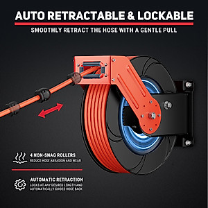 Air Hose Reel, 3/8 In X 65 ft Retractable Air Hose Reel, Double Arm & Auto Rewind Air Compressor Hose Reel Heavy Duty Air Tool Hose Reels with 6 ft Lead In Max 300PSI for Ceiling/Wall Mounts