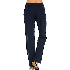 Poplooks Women's Comfy Fold Over Linen Pants (Medium, Navy)