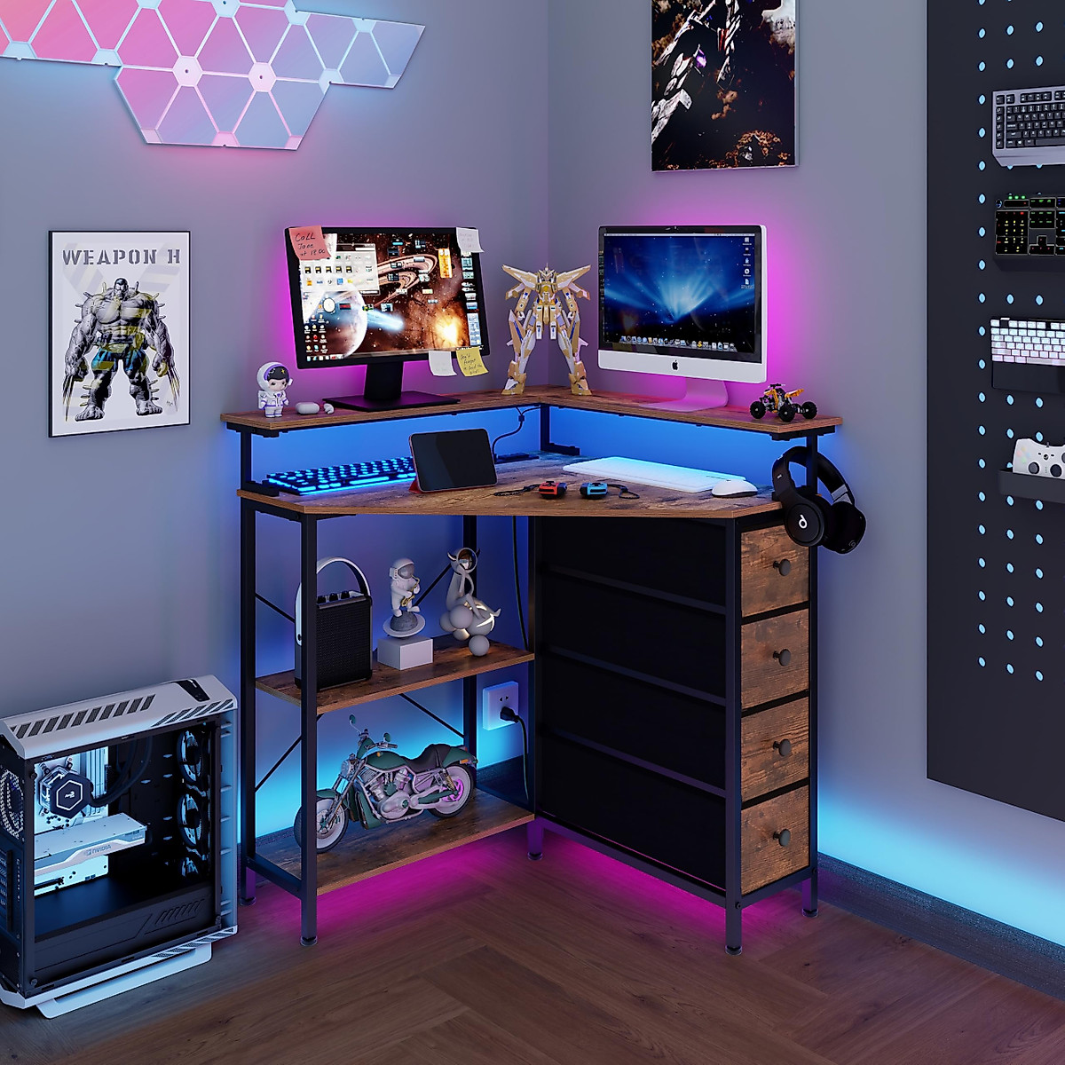 VENNQD Corner Desk with Drawers Shelves for Small Space 90 Degrees Triangle Computer Desk with Power Outlets,Gaming Desk with LED Lights Monitor Stand for Home Office Workstation Writing Table (Brown)