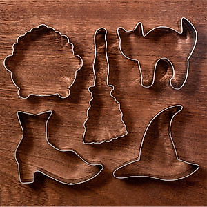 LILIAO Halloween Witch Cookie Cutter Set - 5 Piece - Witch's Hat, Witch's Shoes, Broom, Cauldron and Frightened Cat Biscuit Fondant Cutters - Stainless Steel