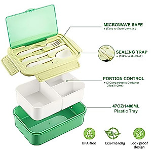 Landmore Bento Box Lunch Box for Kids Adults, 1100 ML Bento Lunch Box for Kids 3 Compartments with Utensils and Lunch Bag, Leakproof BPA Free(Green)