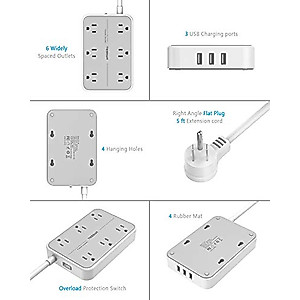 Surge Protector with USB, TESSAN Power Strip Flat Plug with 6 Widely Spaced AC Outlets 3 USB Charging Ports, 1080 Joules Protection, Wall Mount Extension Cord 5 Feet, Dorm Home and Office Accessories