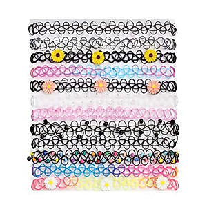BodyJ4You 24PC Tattoo Choker Necklace Set - 90s Accessories Old School 2000s Jewelry - Yellow Daisy Pink Purple Flower Charm - One Size Women Teen Girl - Stretchy Multicolor Collar