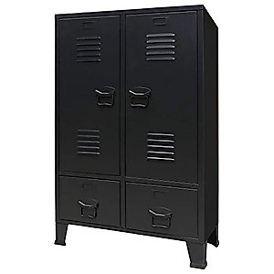 Festnight 42 Inch Tall Wardrobe with Hanging Bars Adjustable Shelves and Storage Drawers Industrial Style Home Office Cabinet Metal Multifuctional File Cabinet Organizer Furniture Black
