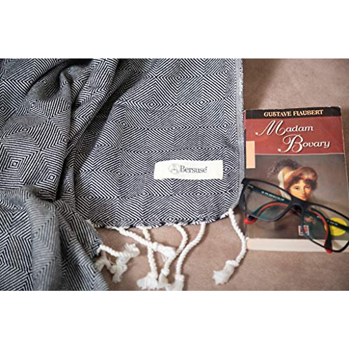 Bersuse 100% Cotton Milas XL Throw Blanket Turkish Towel - 60x90 Inches, Black