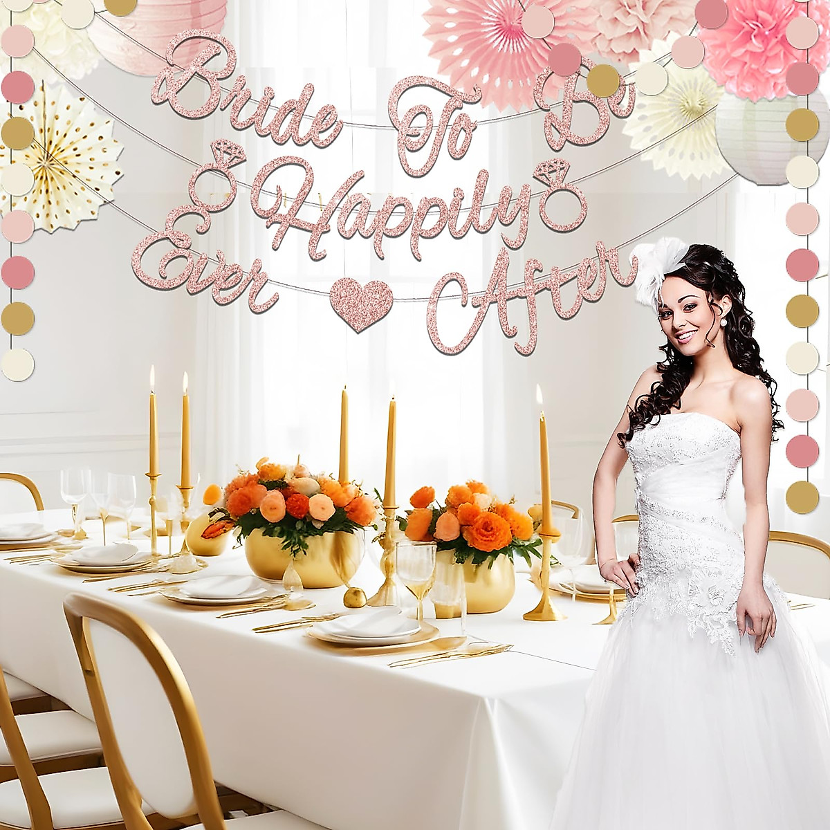 Bridal Shower Decorations,Pink Bridal Shower Decorations Includes Bride To Be Happily Ever After Decorations Paper Flower Ball for Wedding Bachelorette Party Decorations