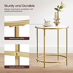 VASAGLE Round Side Table, End Table with Metal Frame, Small Coffee Accent Table, Nightstand, Bedside Table, Easy Assembly, for Living Room, Bedroom, Modern Style, Gold and White ULET282A10
