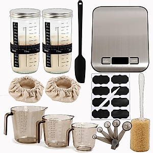 14pcs Sourdough Starter Jar Kit for Sourdough Bread Baking with Date Marked Feeding Band, Thermometer, Scraper, Digital Kitchen Scale,3 x Measuring Cups and 5 in 1 Spoons, Cleaning Cloth
