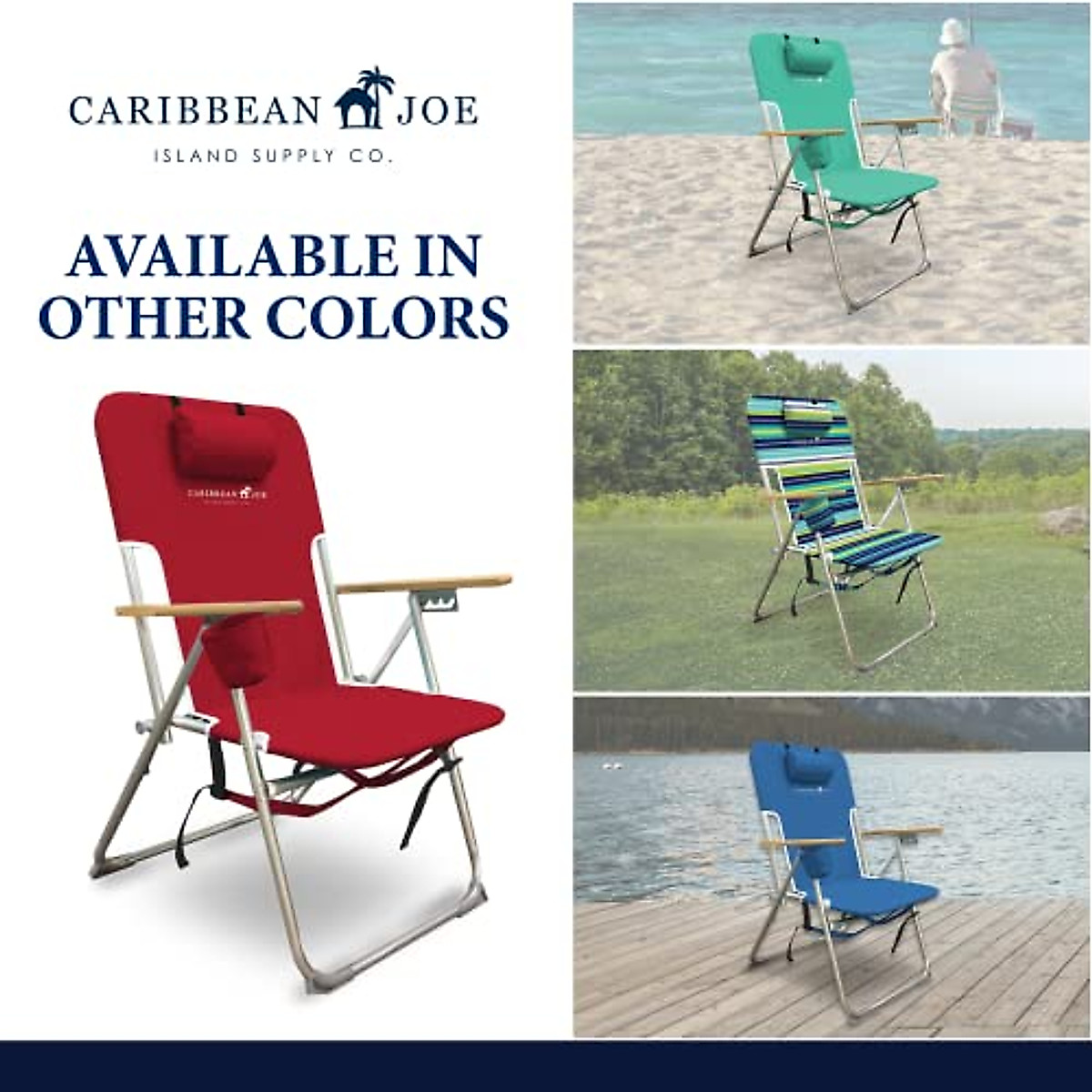 Caribbean Joe Folding Beach Chair, 4 Position Portable Backpack Foldable Camping Chair with Headrest, Cup Holder, and Wooden Armrests, Red, 33.5"D x 3"W x 25"H