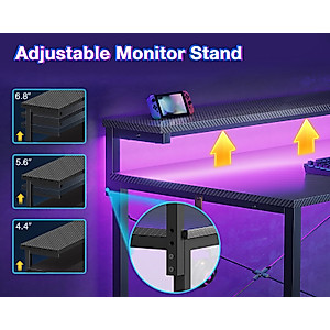 MOTPK Gaming Desk with Led Lights & Power Outlet, 40 Inch Small Gaming Computer Desk with Shelves, Reversible Gamer Desk Table with Adjustable Monitor Stand & Headphone Hook, Carbon Fiber Texture