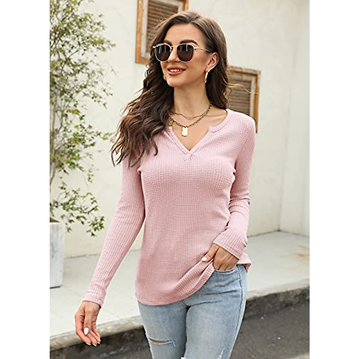 Women's V Neck Waffle Knit Henley Tops Casual Long Sleeve Pullover Sweater Blouses (Light Pink-2, Large)