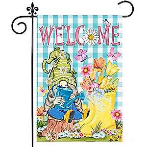 Spring Garden Flag, Spring Flags 12x18 Double Sided, Burlap Hello Spring Yard Flag with Gnomes Boots Blossoms Butterfly Welcome Seasonal Vertical Summer Signs for Outdoor Outside Lawn Decorations