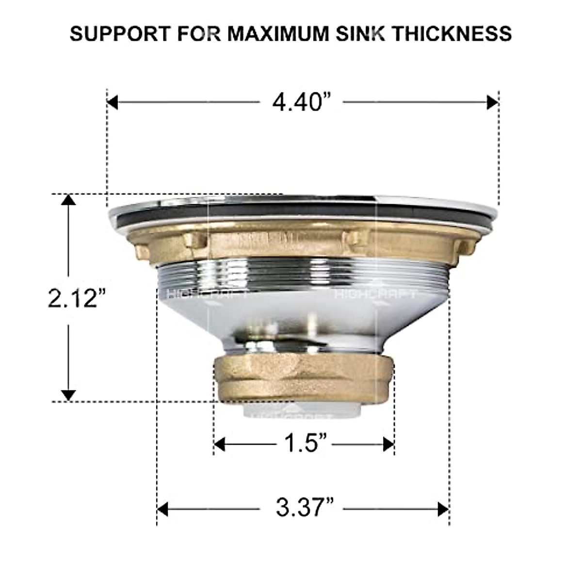 Highcraft 9734 Heavy Duty Kitchen Sink (3-1/2 Inch) Stainless Steel Drain Assembly with Strainer Basket Kohler Style Stopper, Stainless-Steel