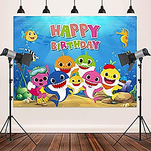 5X3 FT Shark Birthday Party Backdrop for Kids, Cartoon Birthday Party Photo Background for Baby Shower Party Decoration Boys Girls Birthday Photography Backdrop (5X3 FT-A)