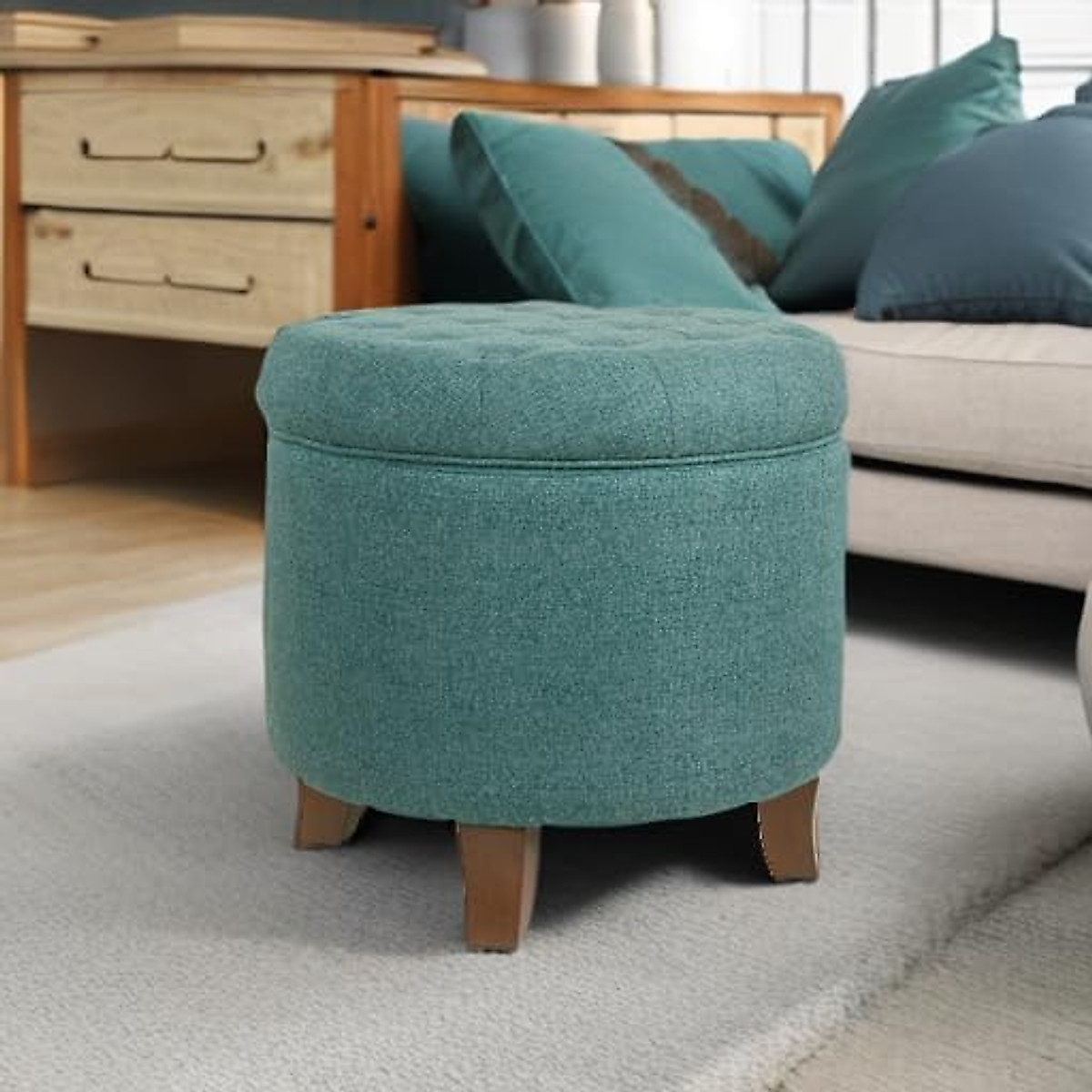 HomePop by Kinfine Fabric Upholstered Round Storage Ottoman - Button Tufted Ottoman with Removable Lid, Teal Woven