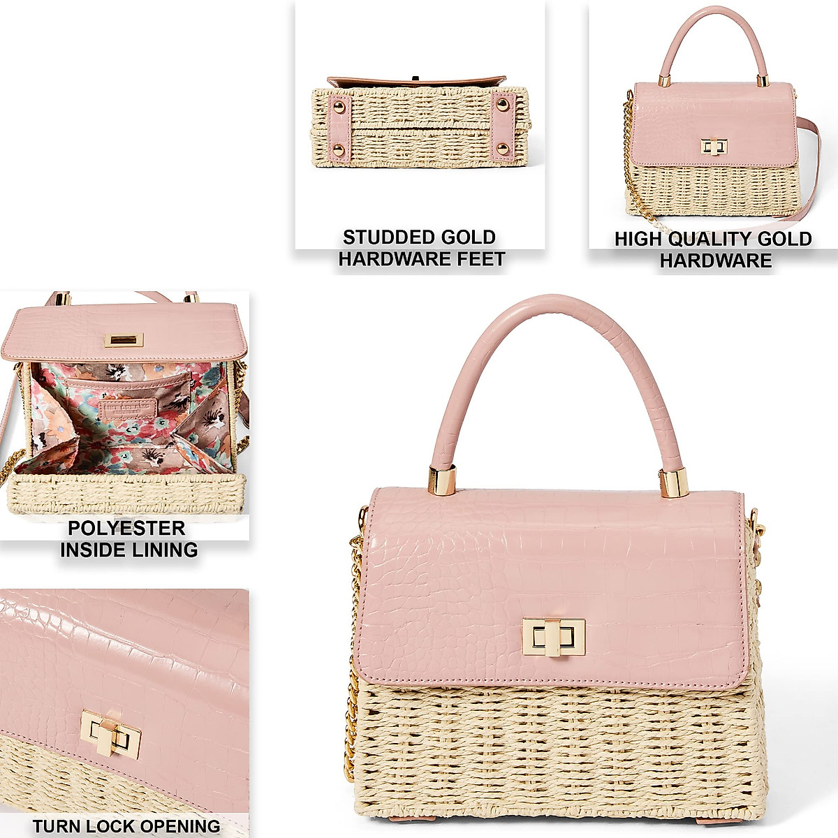 Like Dreams Women Hand-woven Straw Crossbody Faux Croc Vegan Leather Upper Floral Inner Summer Crossbody (Blush)