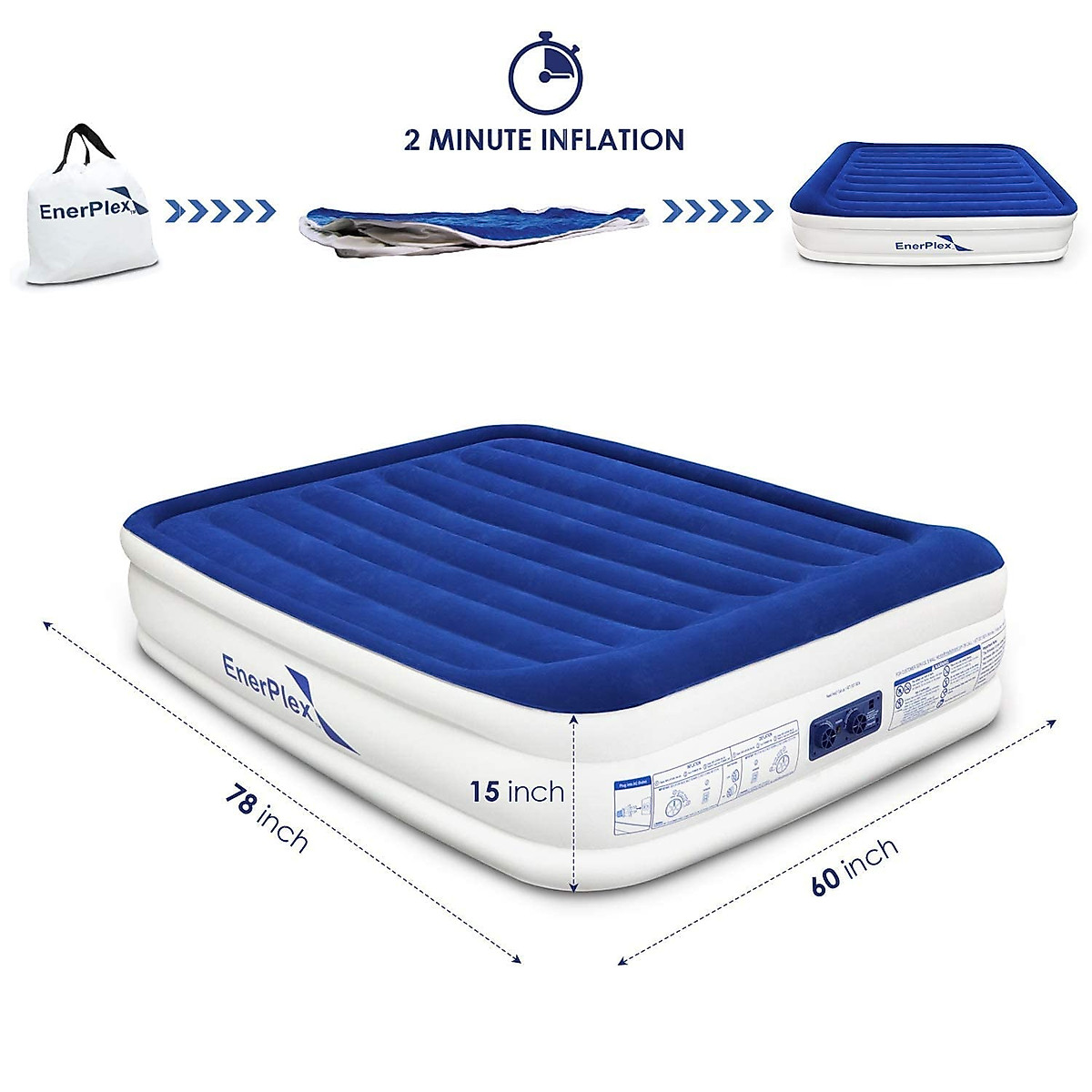 EnerPlex Twin Air Mattress with Built in Pump - 15" Luxury Size Self-Inflating Blow Up Mattress with Neck Support - Inflatable Air Bed for Portable Travel & Home Use (Blue/White)
