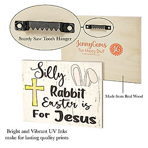 JennyGems Easter Decorations for the Home, Silly Rabbit Easter Is for Jesus Sign, Farmhouse Easter Decor, 7.25 x 6 Wooden Sign, Made in USA
