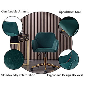 Mcltopz Desk Chair, Modern Velvet Home Office Chair, 360° Swivel Height Adjustable Office Chair with Gold Metal Legs, Vanity Makeup Chair Computer Task Chair for Home Office Living Room (Dark Green)
