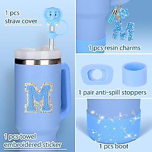 Mity rain Cup Accessories Set for stanley 30 oz 40 oz tumbler with handle, Including Initials Charms, Straw Cover Cap, Boot, Sticker, Silicone Spill Proof Stopper,Blue Decorate for Boy Girl (Letter M)
